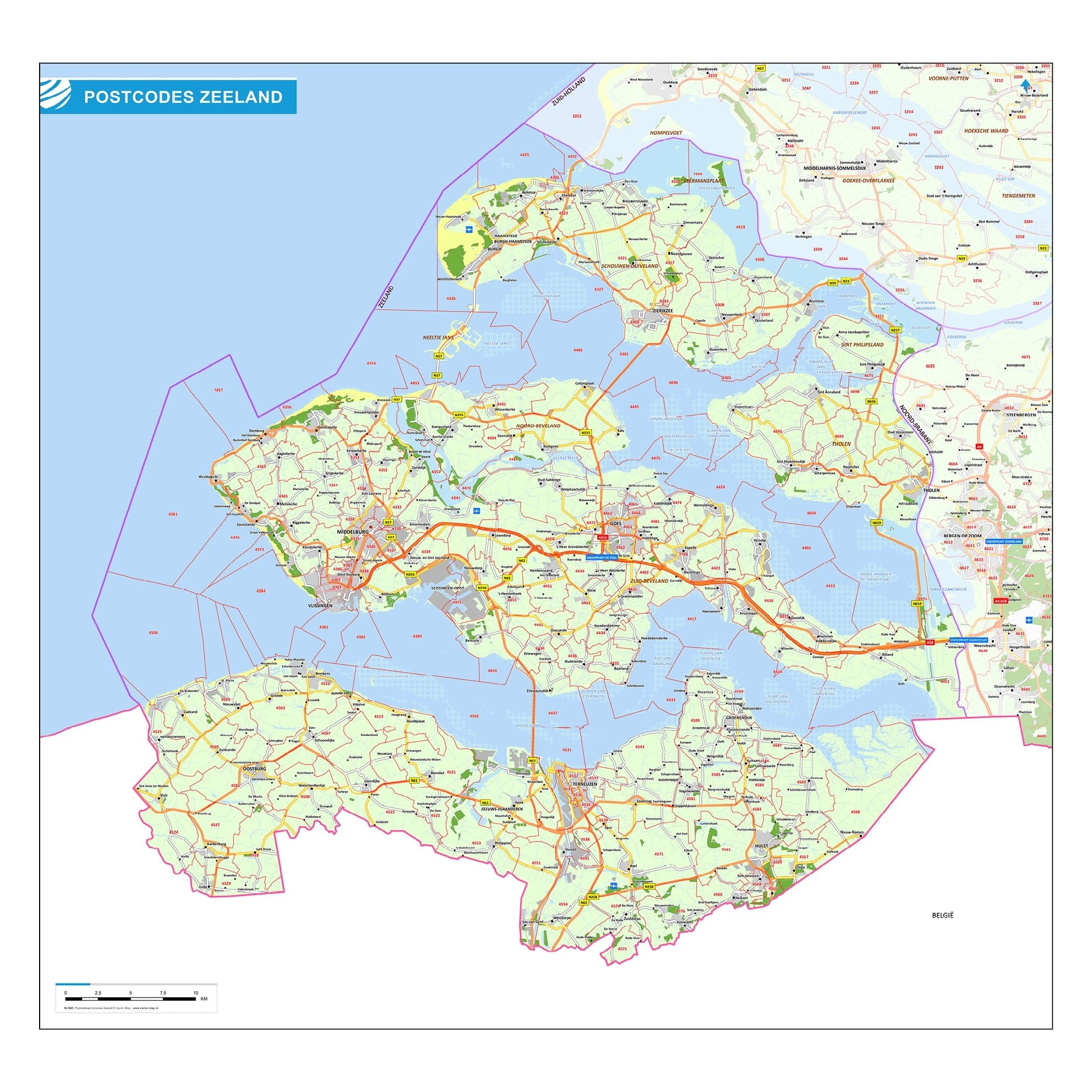 Postcodekaart provincie Zeeland | Provinciekaarten Nederland Vector Map
