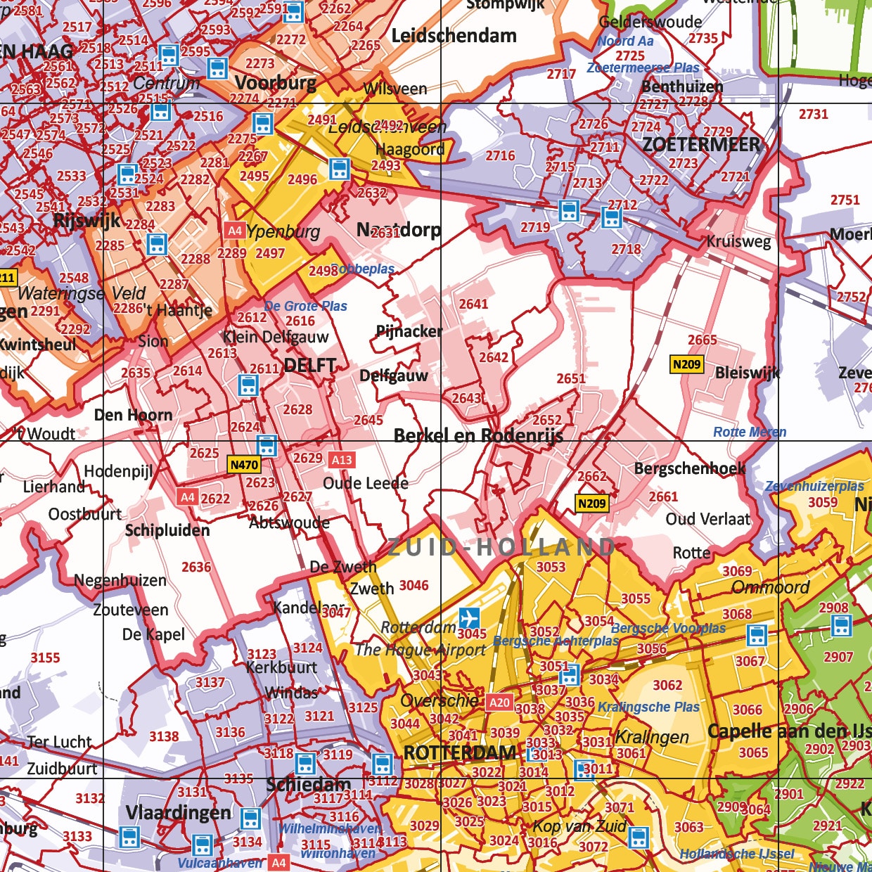 Gekleurde postcodekaart Zuid-Holland | Provinciekaarten Nederland ...