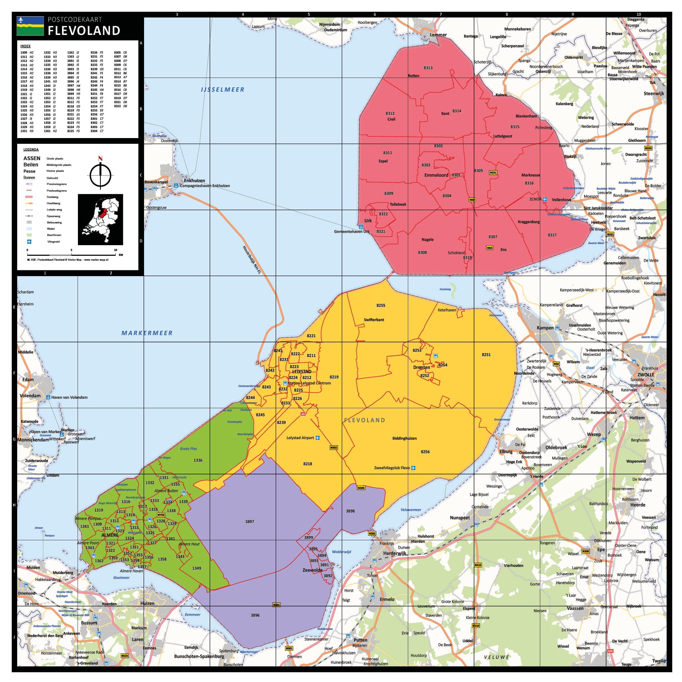 Kaart Flevoland met postcodes | Provinciekaarten Nederland Vector Map